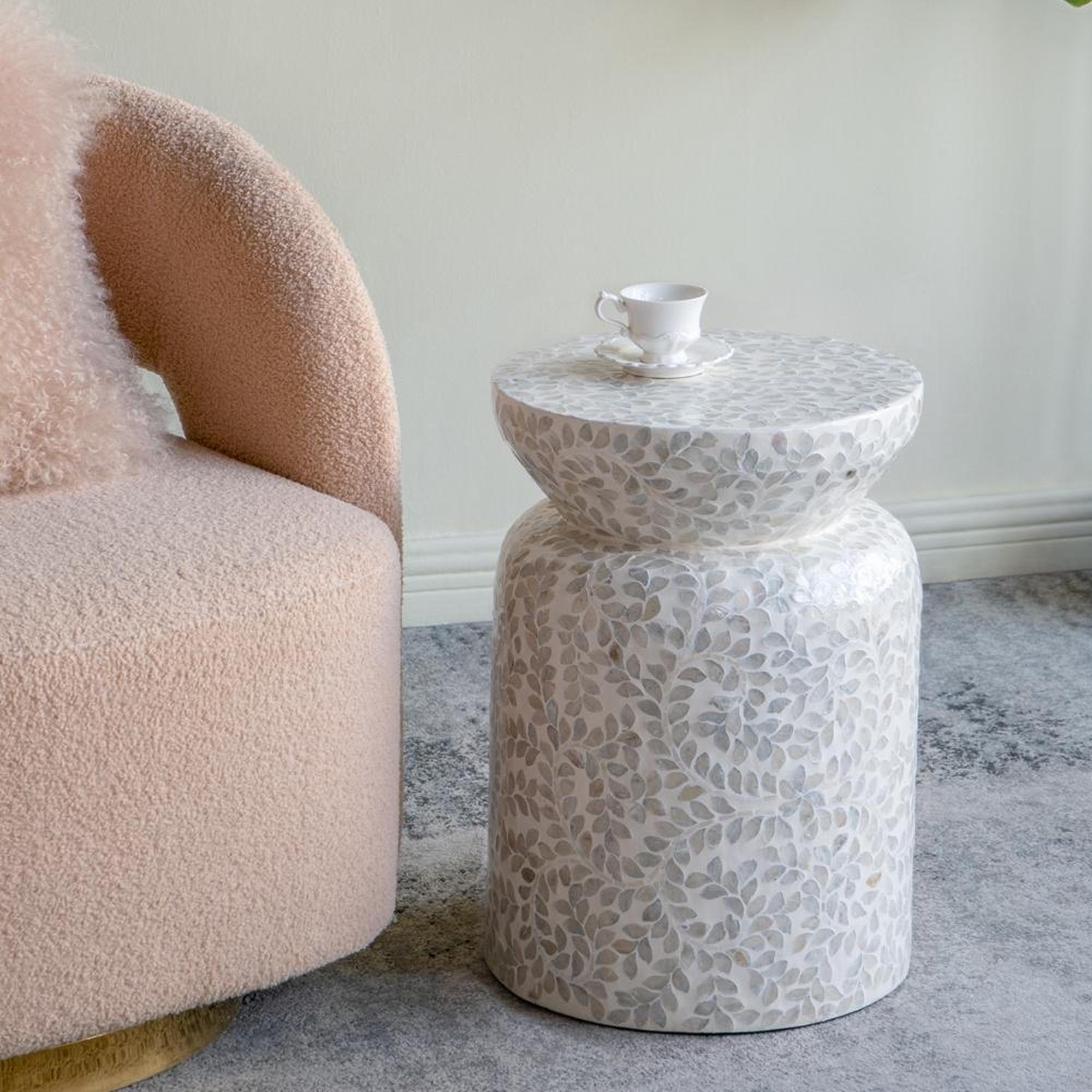 Lark Manor™ 14x14x20" Round Bamboo Accent Table with White Capiz Shell Design | Wayfair